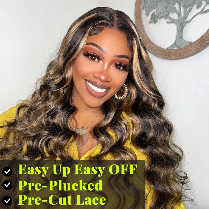 Human Hair Money Piece Highlight Blonde Body Wave Lace Front Color Wig ...