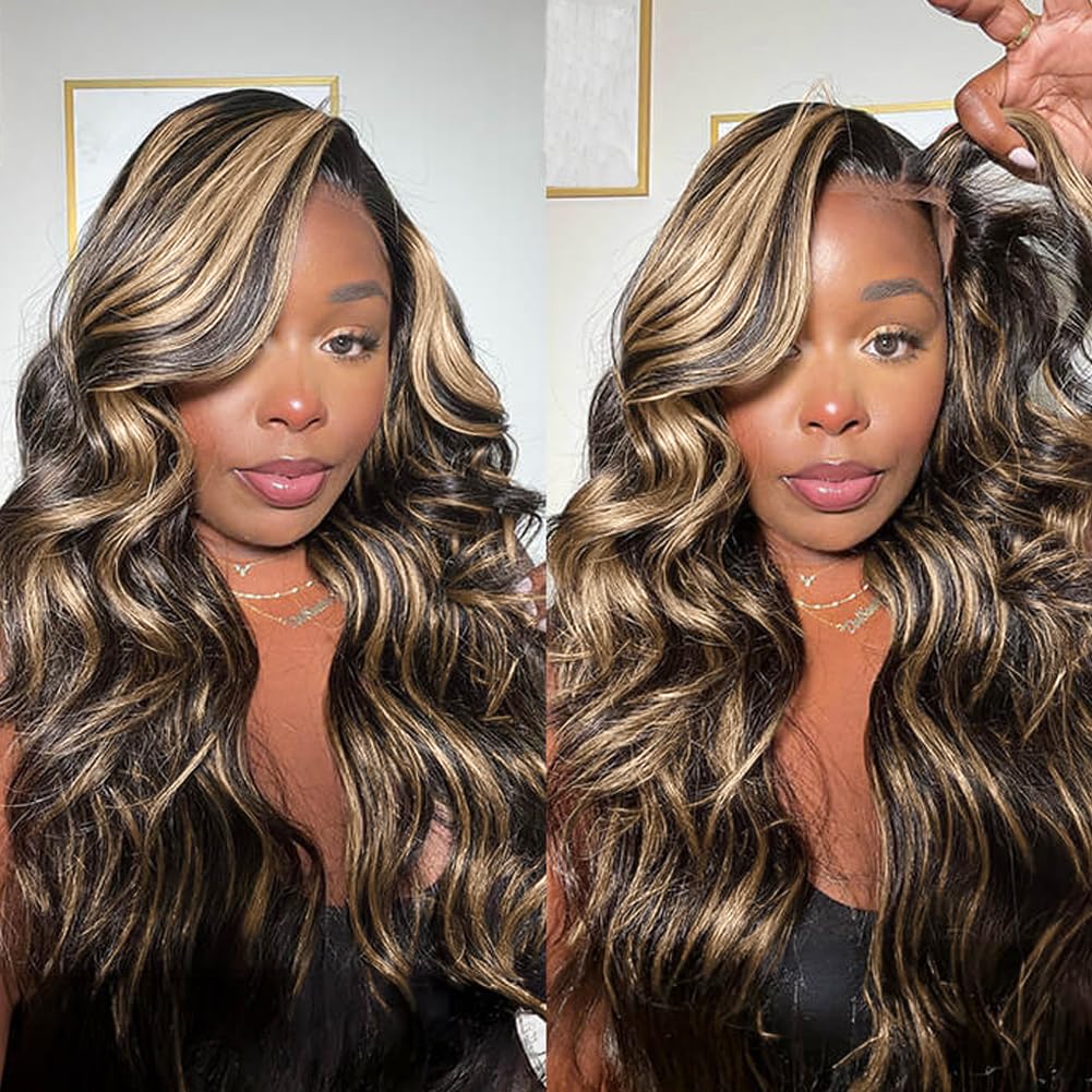 Human Hair Money Piece Highlight Blonde Body Wave Lace Front Color Wig ...