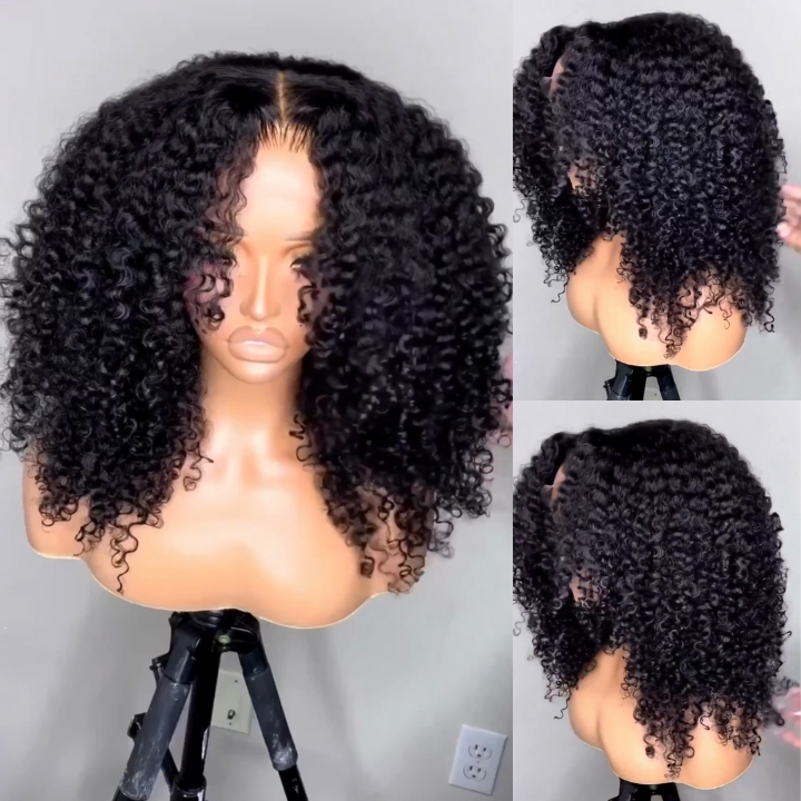 Glueless Thick Fluffy Curly Human Hair Bob Wigs 13*4/4*4 Invisible Lace ...