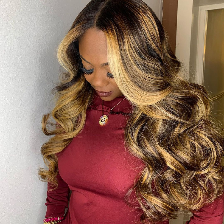 Human Hair Money Piece Highlight Blonde Body Wave Lace Front Color Wig ...