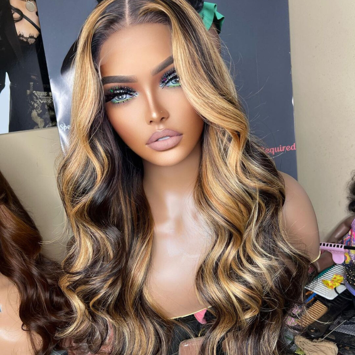 Human Hair Money Piece Highlight Blonde Body Wave Lace Front Color Wig ...