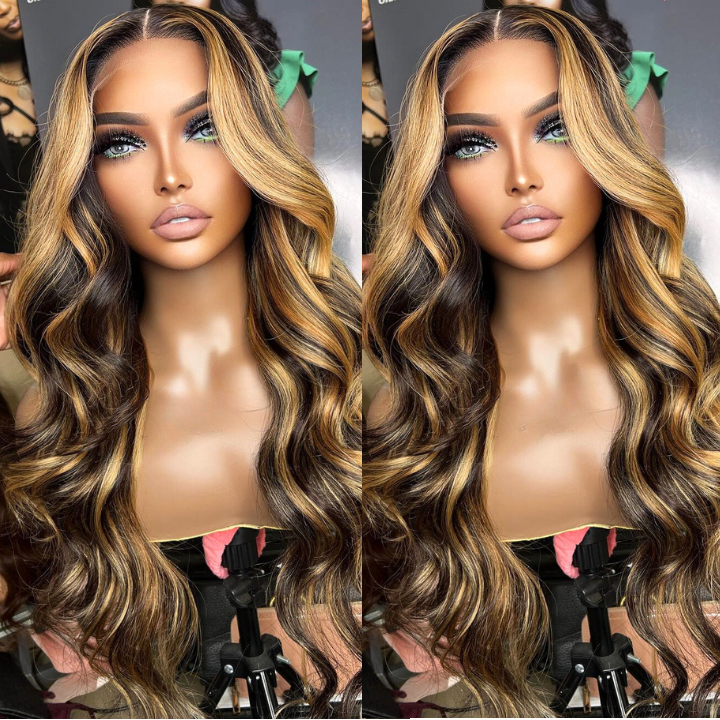 Human Hair Money Piece Highlight Blonde Body Wave Lace Front Color Wig ...